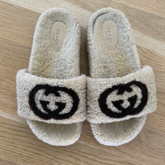 Gucci | Shoes | Gucci Cream Fuzzy Slides With Black Logo | Poshmark